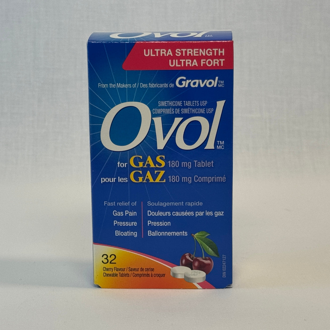 Ovol 180mg For Gas Pain, Pressure & Bloating - Cherry Flavoured (32 Ch ...