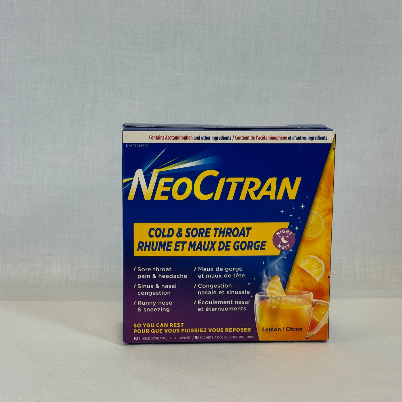 NeoCitran Cold & Sore Throat Night Time, Lemon Flavored, Pouches - 10 ...
