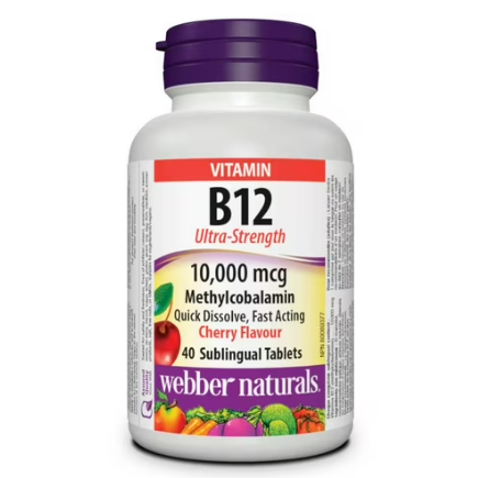Webber Vitamin B12 10,000 mcg, Ultra Strength Cherry Flavoured (40 Sub ...